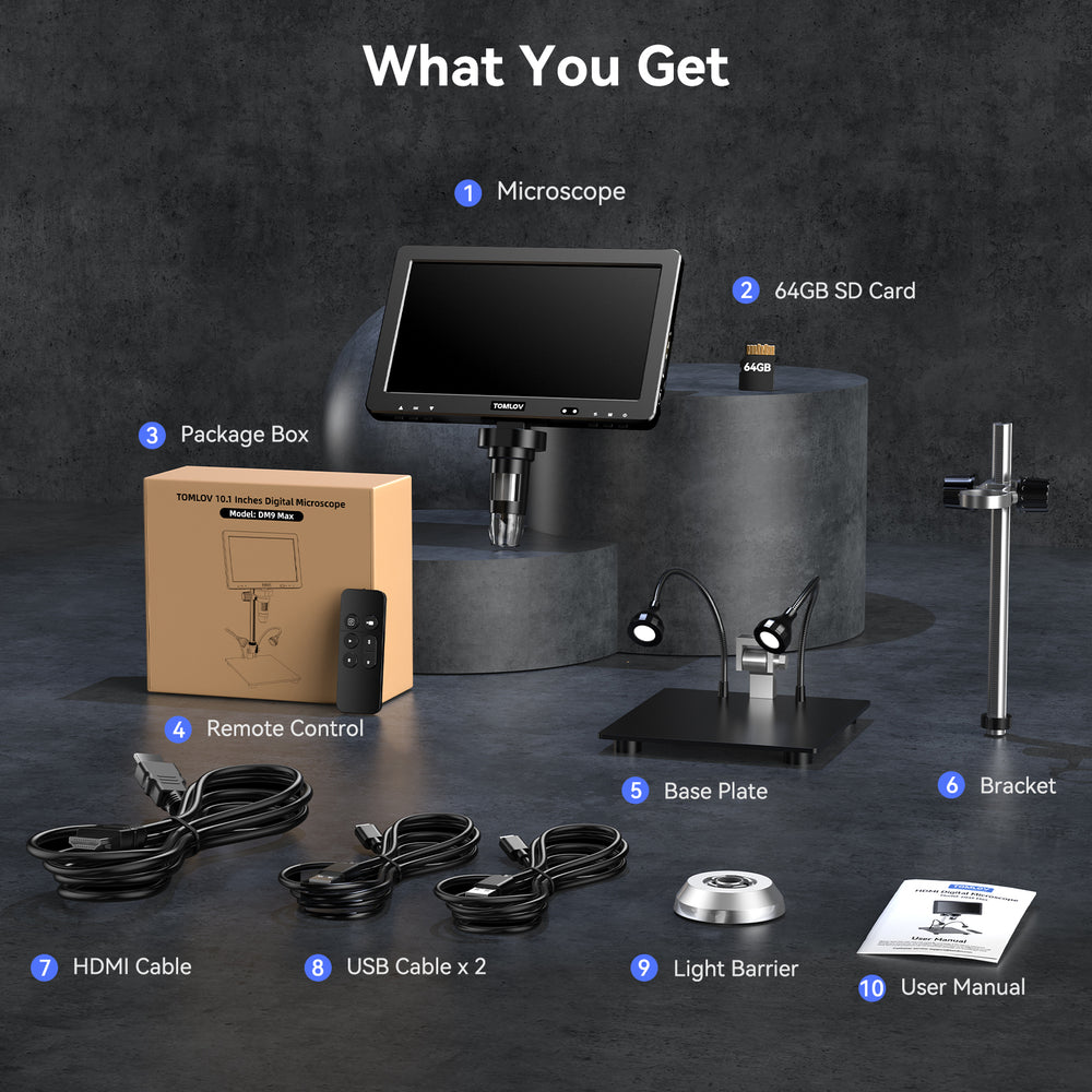 TOMLOV DM9 Max 10.1" HD IPS HDMI Digital Microscope 1500X, 20MP Coin M