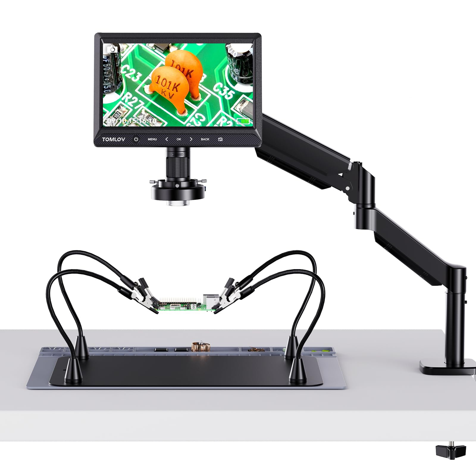 TOMLOV DM702 Flex-S 10.1" Digital Microscope with Soldering Helping Ha