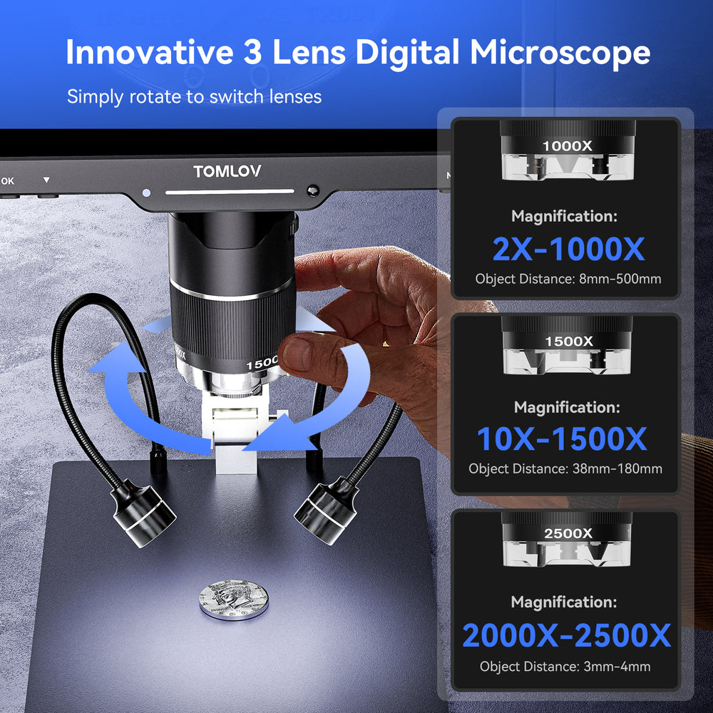 TOMLOV TriL110 10.1" 2K HDMI Digital Microscope with 3 Lenses