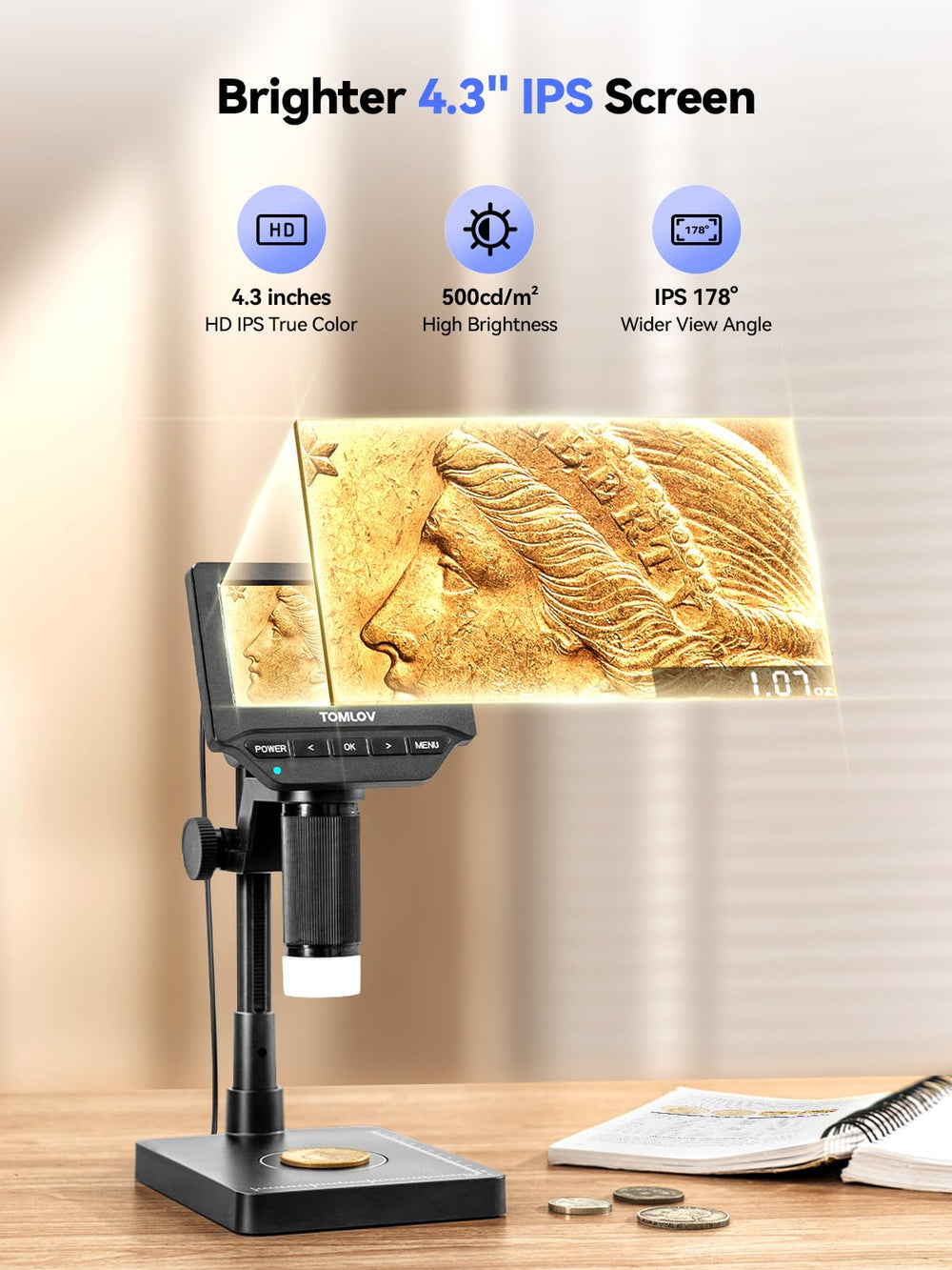 TOMLOV DM4W 4.3" Coin Microscope Weighing Scope for Collectors, Jewele