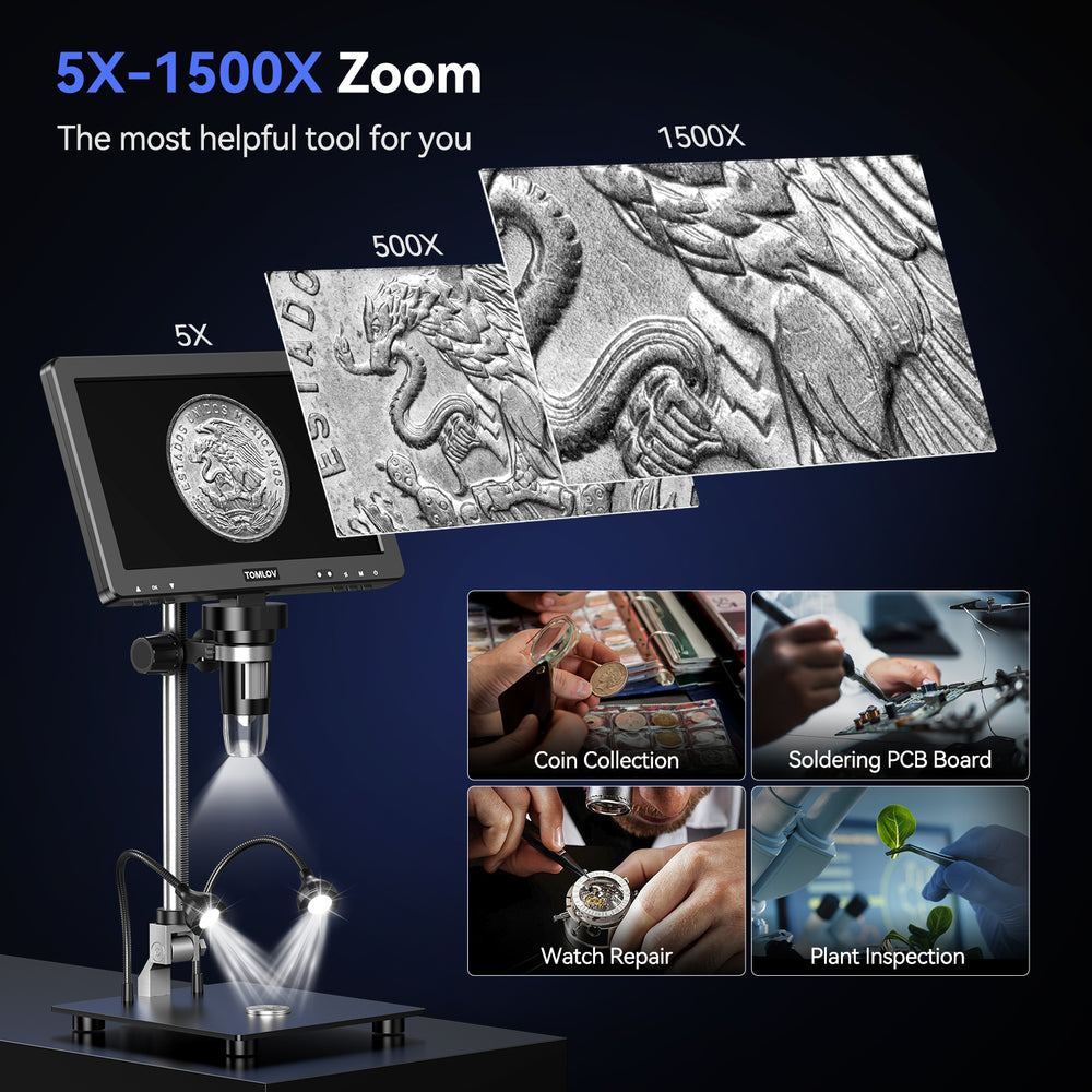 TOMLOV DM9 Max 10.1" HD IPS HDMI Digital Microscope 1500X, 20MP Coin M