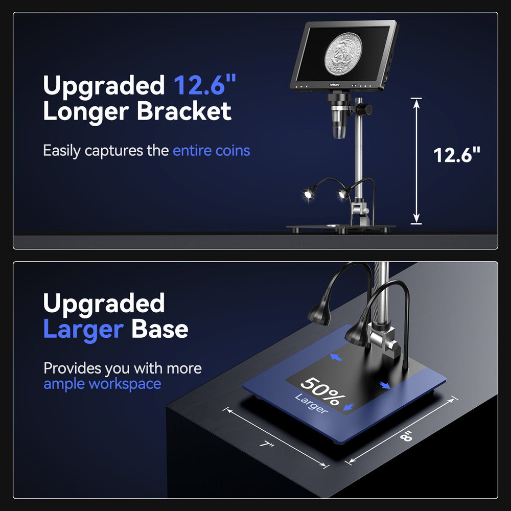 TOMLOV DM9 Max 10.1" HD IPS HDMI Digital Microscope 1500X, 20MP Coin M